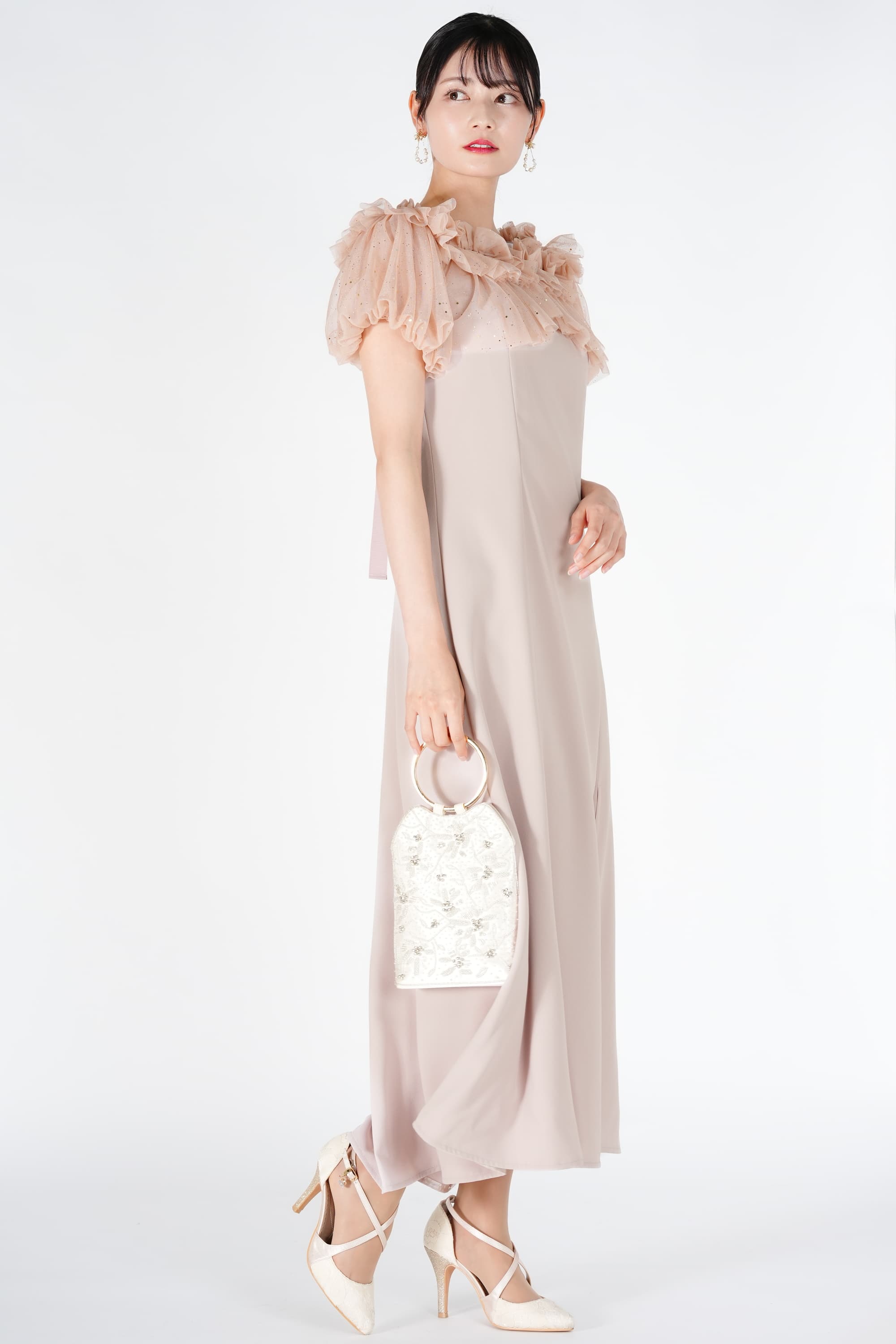 SNIDEL チュールボレロ付きピンクベージュドレス (M) をレンタル - 結婚式パーティーのドレスレンタルはおしゃれコンシャス