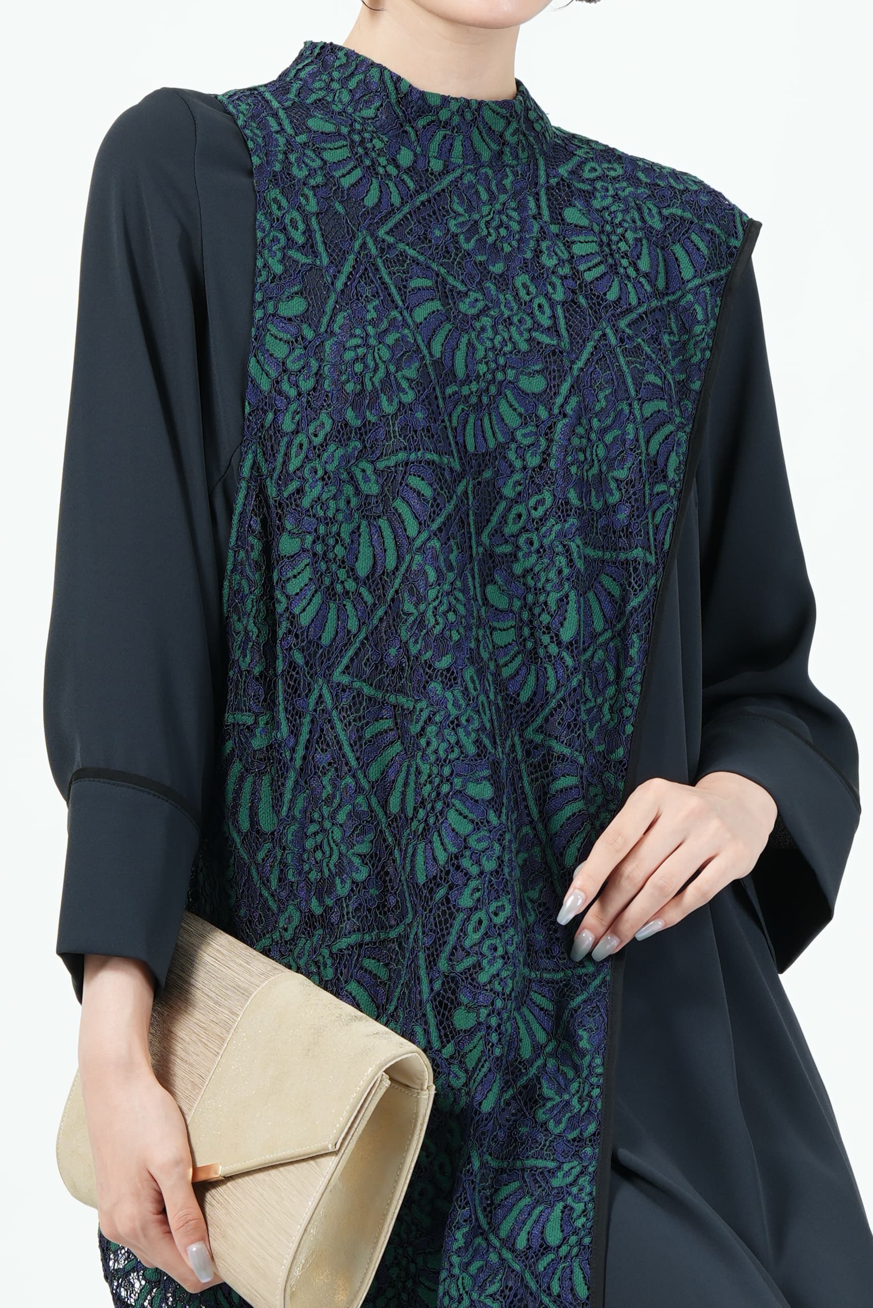 Callarus アシメドレープ切り替えネイビー×グリーンドレス (4L〜6L) をレンタル - 結婚式パーティーのドレスレンタルはおしゃれコンシャス