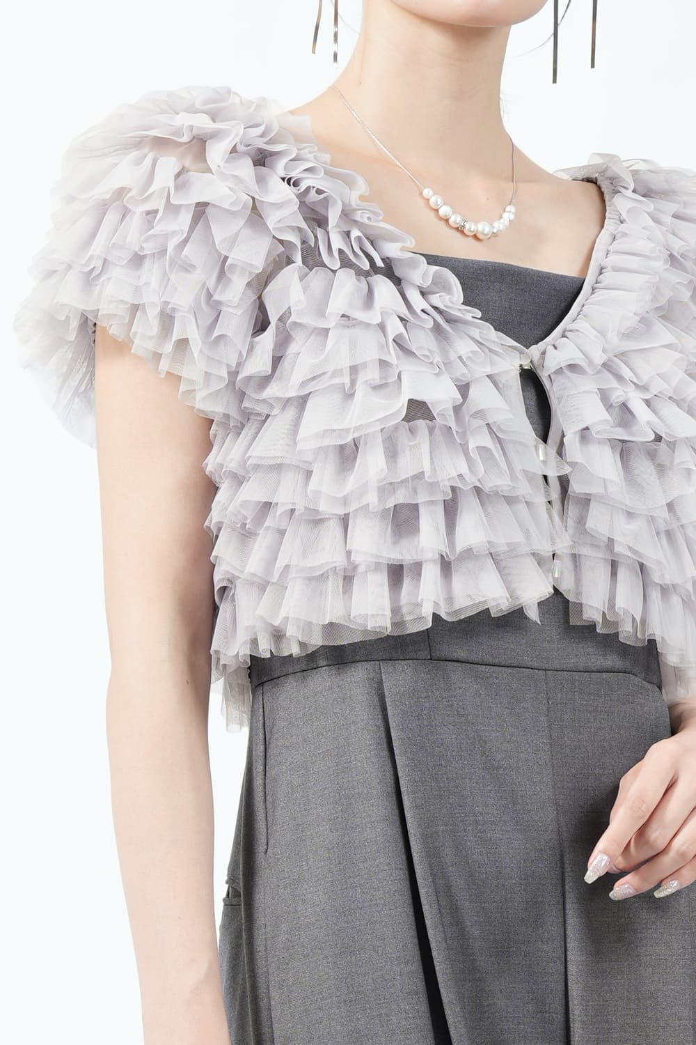 SNIDEL 配色チュールボレロ付きグレーパンツドレス (M) をレンタル - 結婚式パーティーのドレスレンタルはおしゃれコンシャス