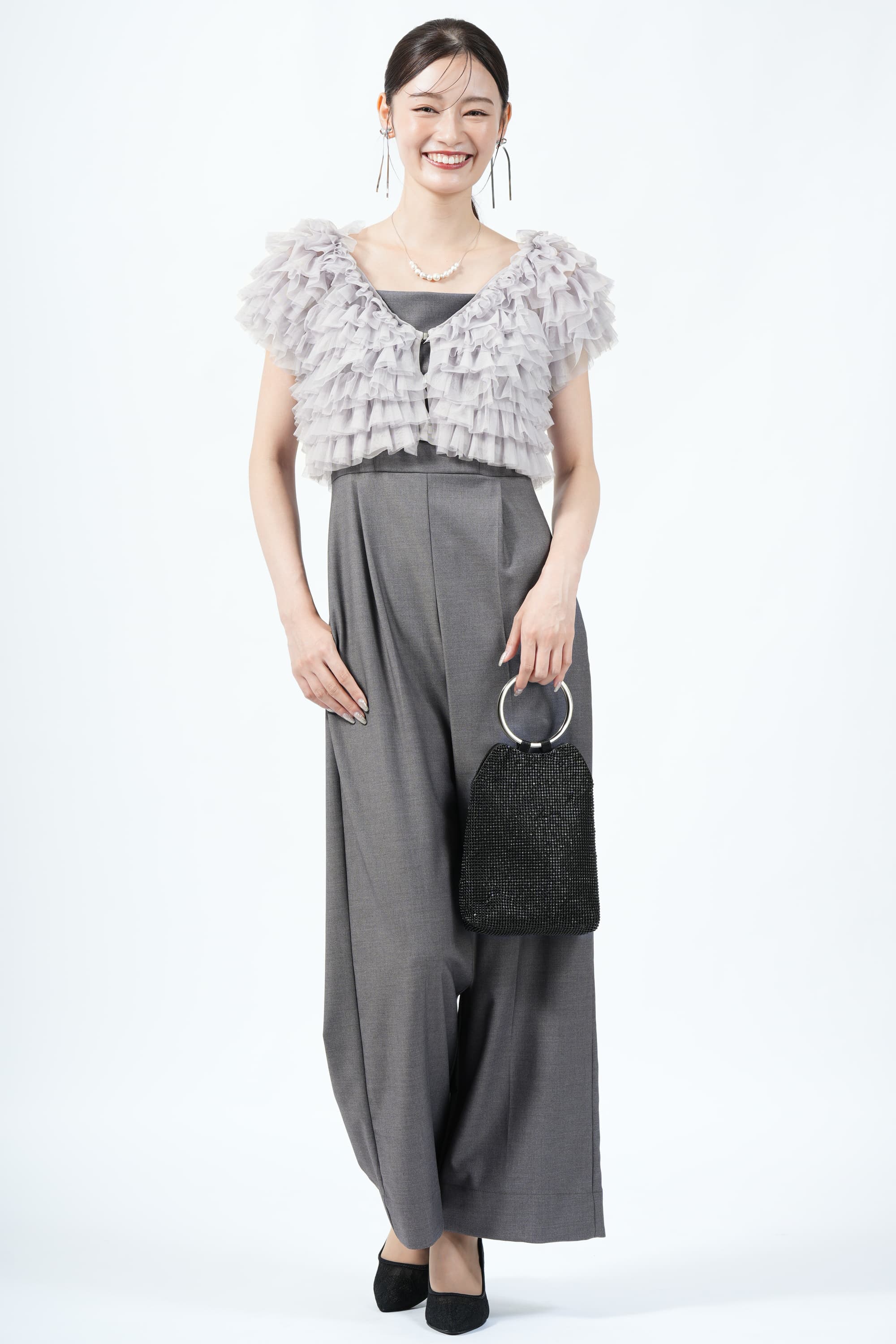 SNIDEL 配色チュールボレロ付きグレーパンツドレス (M) をレンタル - 結婚式パーティーのドレスレンタルはおしゃれコンシャス