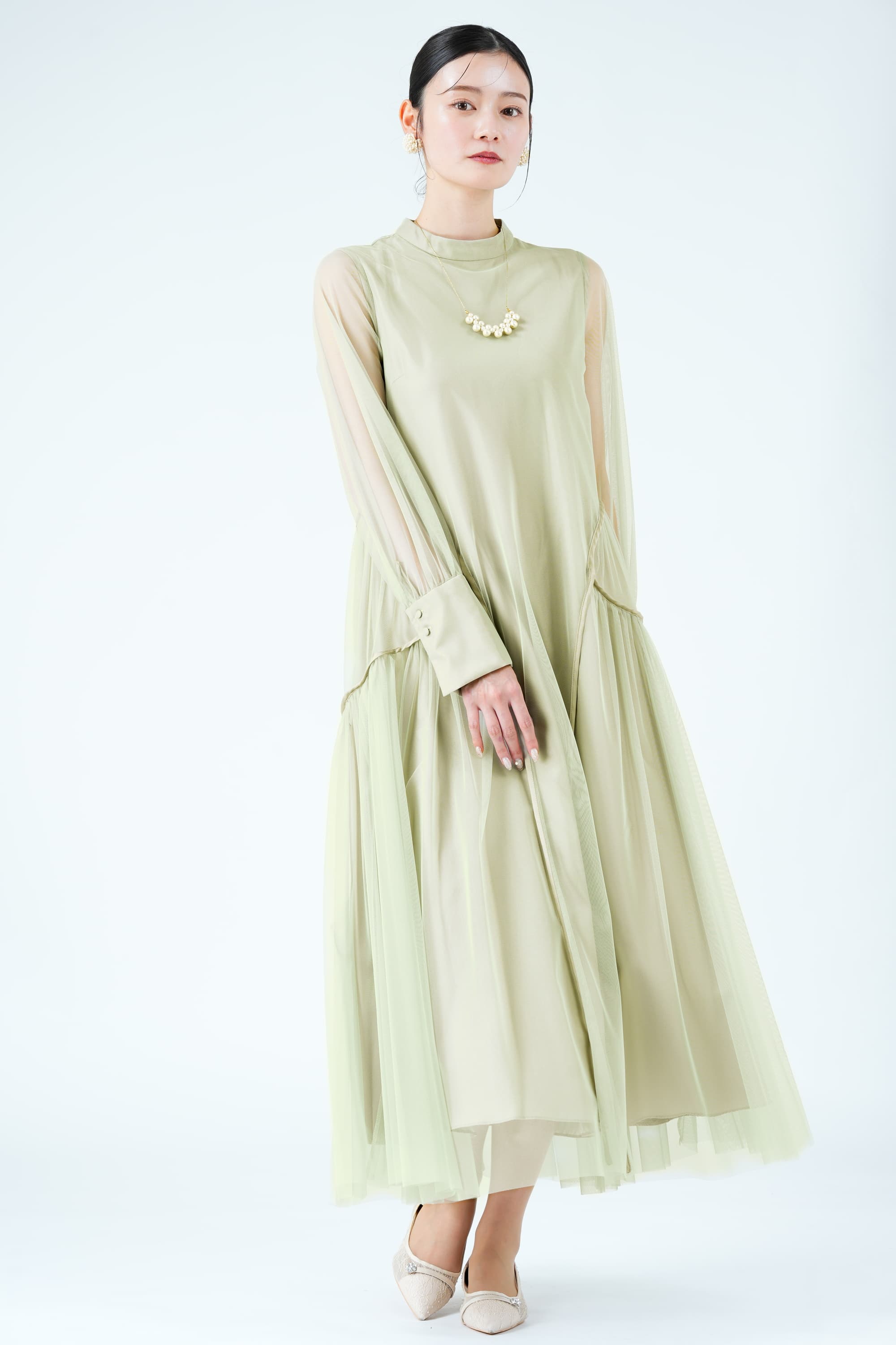 ANDRESD 総チュール×パイピングイエローグリーンドレス (M) をレンタル - 結婚式パーティーのドレスレンタルはおしゃれコンシャス